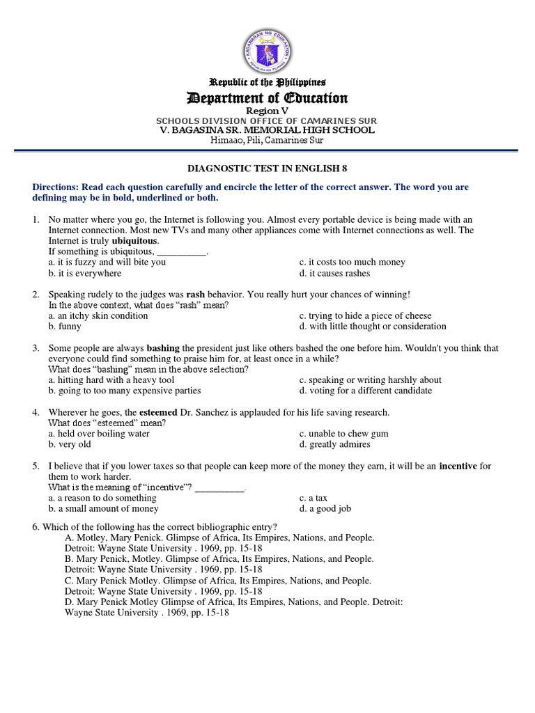 Diagnostic Test in English 8 | PDF
