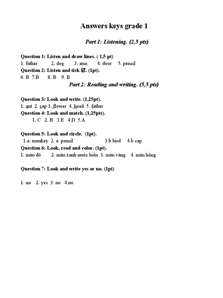 Answers Keys Grade 1 | PDF