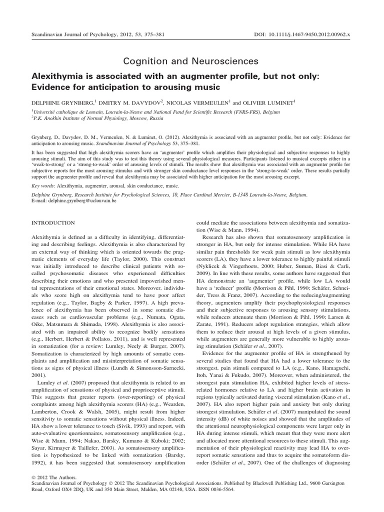 Alexithymia Is Associated With An Augmen | PDF | Affect (Psychology ...