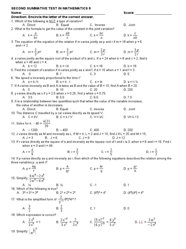 Grade - 9 - MATHEMATICS - 2nd - Summative Test | PDF | Mathematics ...