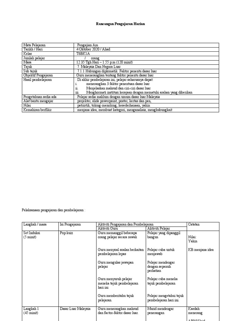 Rancangan Pengajaran Harian (MINGGU 1) | PDF