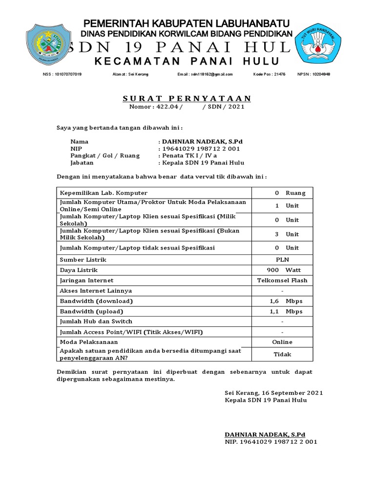 Contoh SURAT PERNYATAAN ANBK | PDF