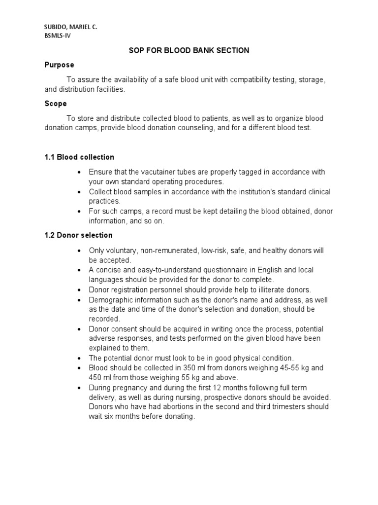 Sop For Blood Bank Section Purpose: Subido, Mariel C. Bsmls-Iv | PDF ...