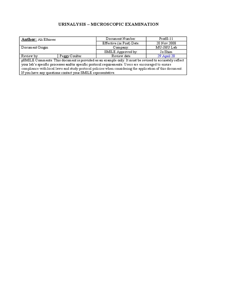 Urinalysis Microscopic Examination SOP | PDF | Urine | Microscopy