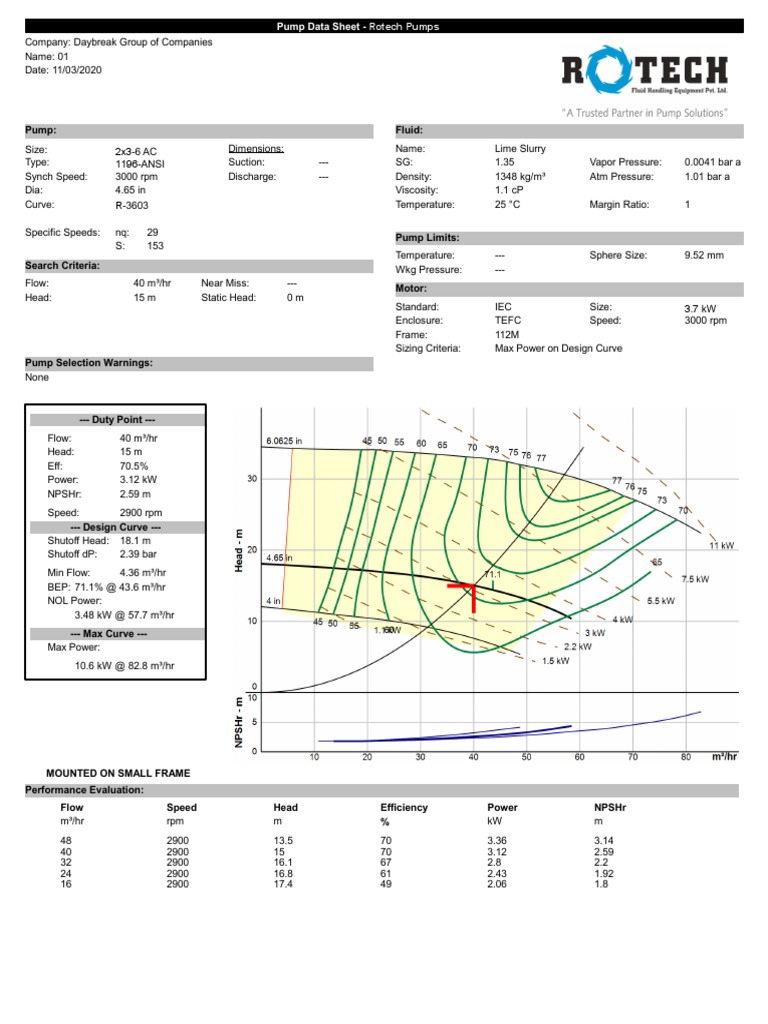 Rotech Pumps Data Sheet | PDF | Pump | Fluid Dynamics