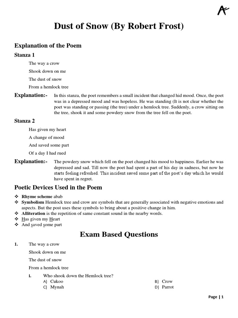 Dust of Snow (By Robert Frost) : Exam Based Questions | PDF | Poetry ...