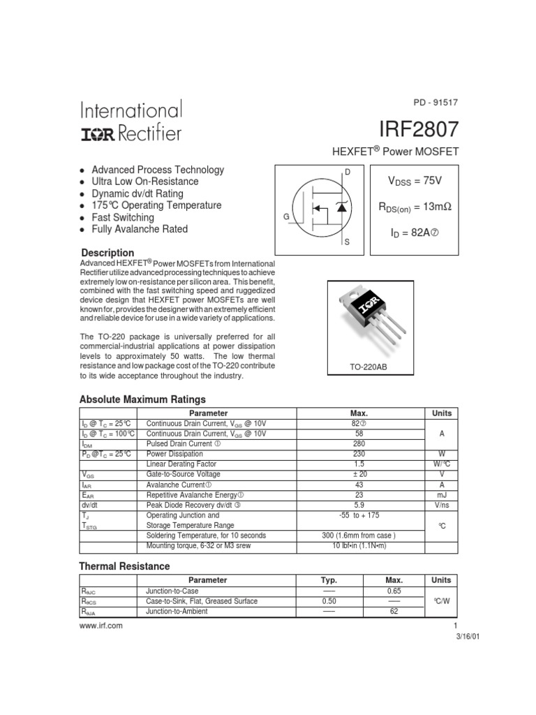 Irf2807 International Datasheet | PDF | Field Effect Transistor | Diode