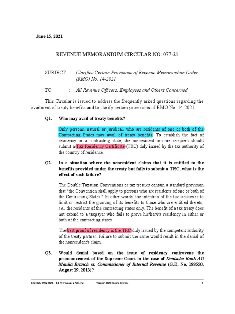 RMC No. 77-2021 | PDF | Tax Treaty | Taxes