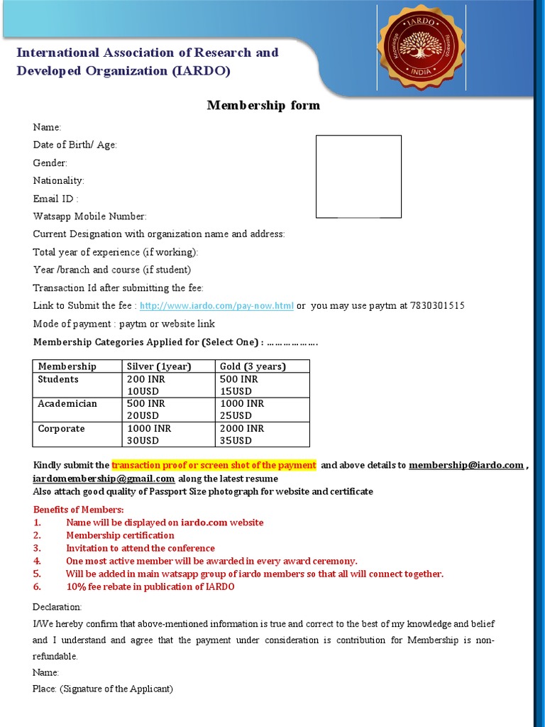 Membership Form: International Association of Research and Developed ...
