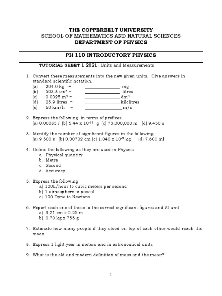 Tutorial Sheet 1 Unit Measurements | PDF | Gases | Litre