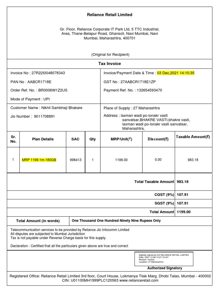 Reliance Retail Limited: Sr. No. Plan Details SAC Qty MRP/Unit ...