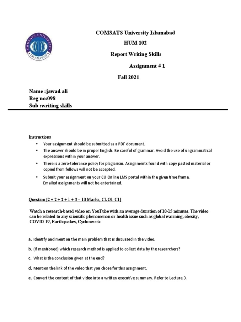 COMSATS University Islamabad HUM 102 Report Writing Skills Assignment ...