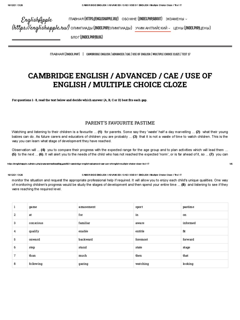 Cambridge English - Advanced - Cae - Use of English - Multiple Choice ...