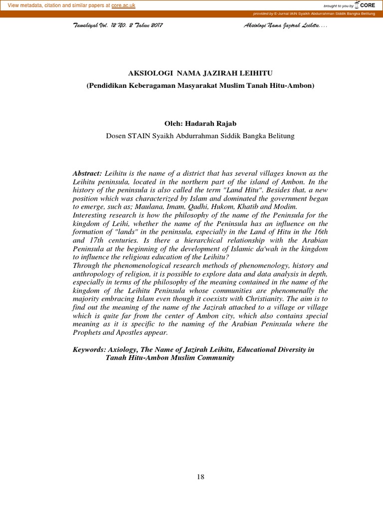 Aksiologi Nama Jazirah Leihitu (Pendidikan Keberagaman Masyarakat ...