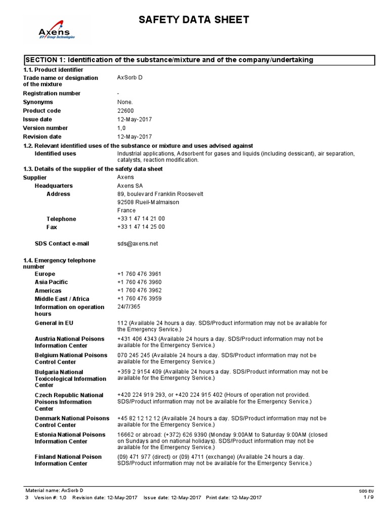 MSDS AxSorb D English | PDF | Dangerous Goods | Toxicity