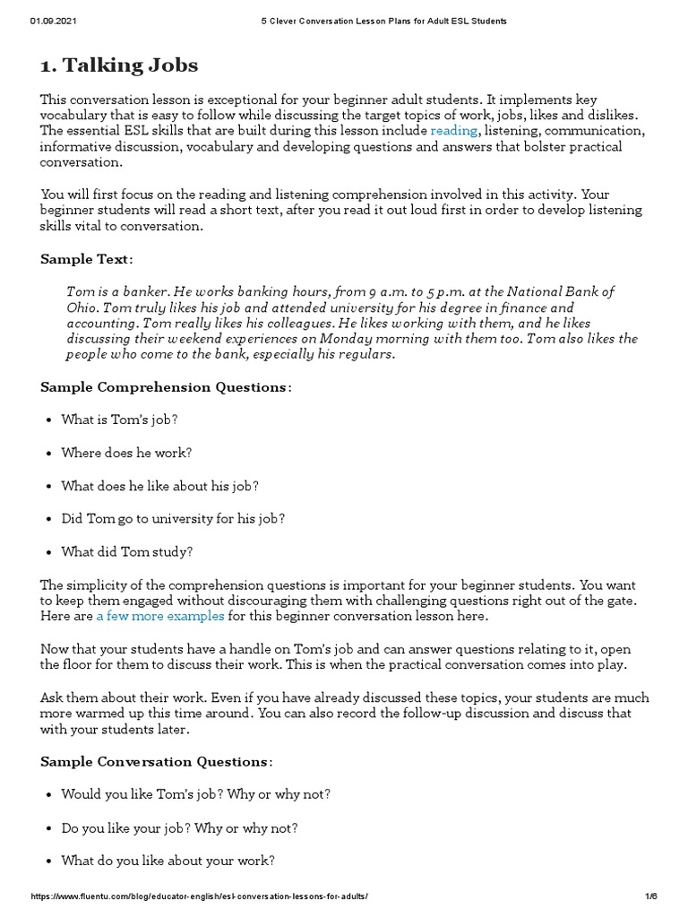 5 Clever Conversation Lesson Plans For Adult ESL Students | PDF ...