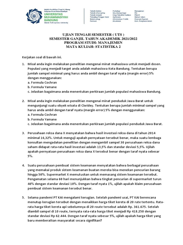 Soal Uts Statistika 2 - 2021-2022 | PDF Soal Uts Statistika 2 - 2021-2022 | PDF