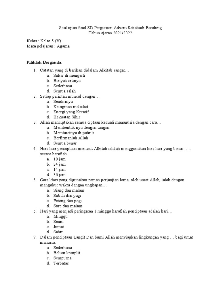 Soal Ujian Kelas 5 | PDF | Agama & Spiritualitas | Dewasa Muda Soal Ujian Kelas 5 | PDF | Agama & Spiritualitas | Dewasa Muda