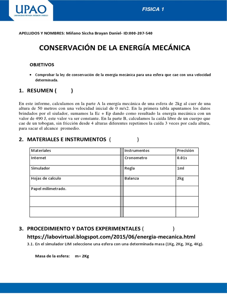 Laboratorio - Conservacion de La Energia Mecanica | PDF | Ciencias ...