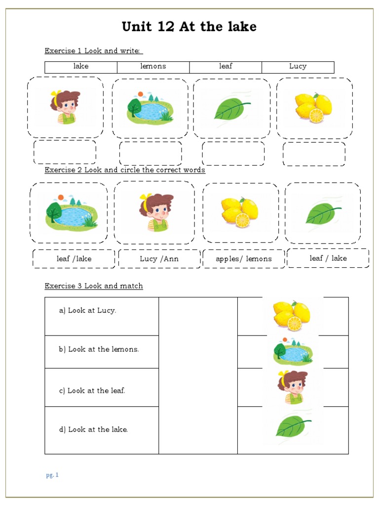 Unit 12 at The Lake: Exercise 1 Look and Write: Lake Lemons Leaf Lucy | PDF