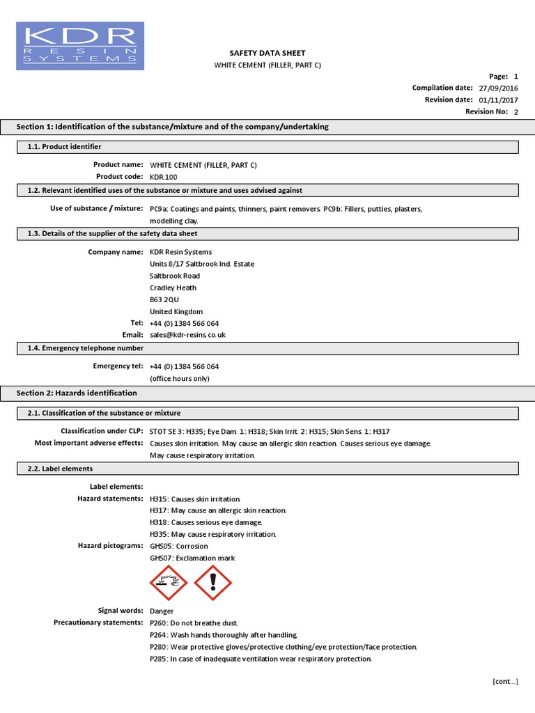 KDR White Cement (Filler Part C) SDS (En) Revision 2 | PDF | Waste ...