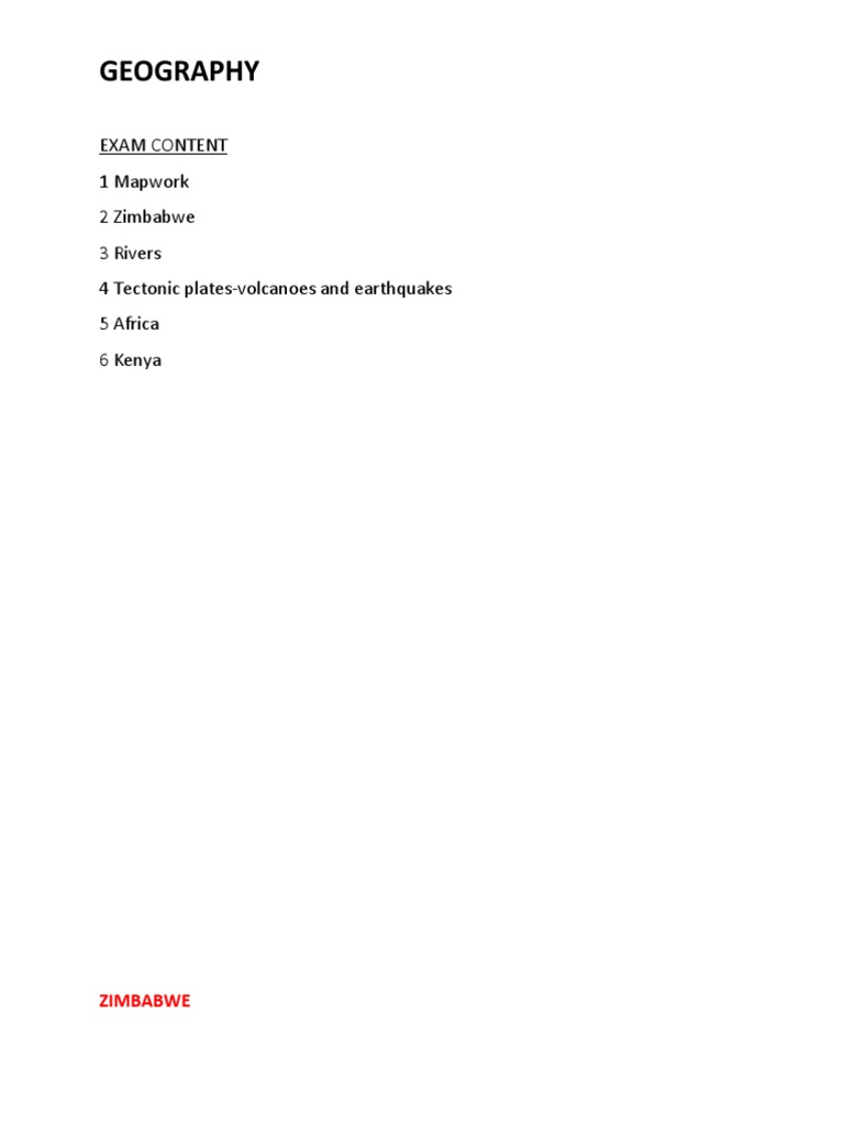 Geography: Exam Content 1 Mapwork 2 Zimbabwe 3 Rivers 4 Tectonic Plates ...