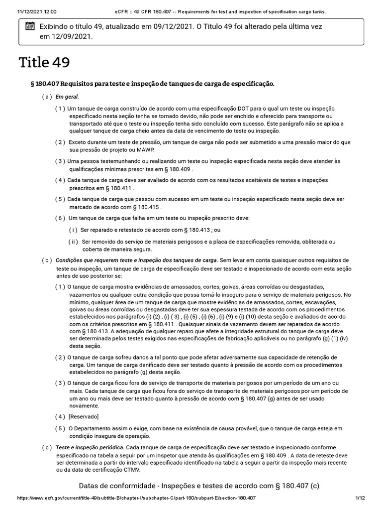 eCFR - 49 CFR 180.407 - Requirements For Test and Inspection of ...