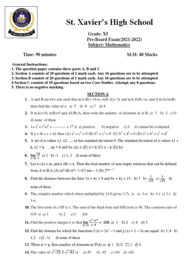 St. Xavier High School Test Paper | PDF | Elementary Mathematics ...