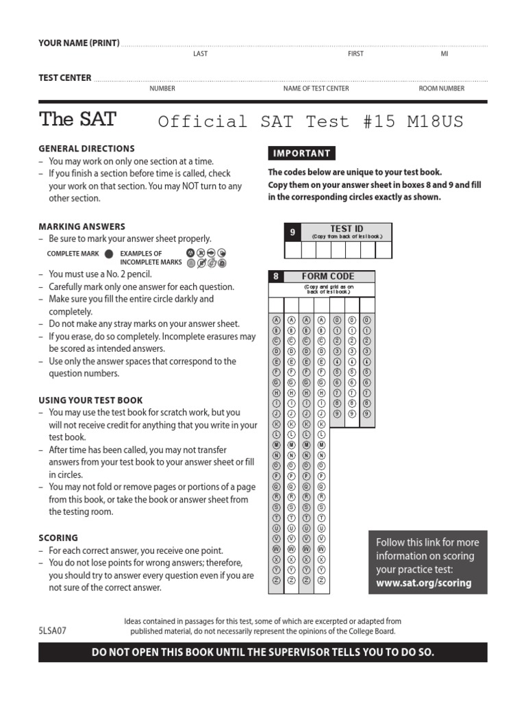 SAT Practice Test #15 (M18US) - Test For Print | PDF | Sat