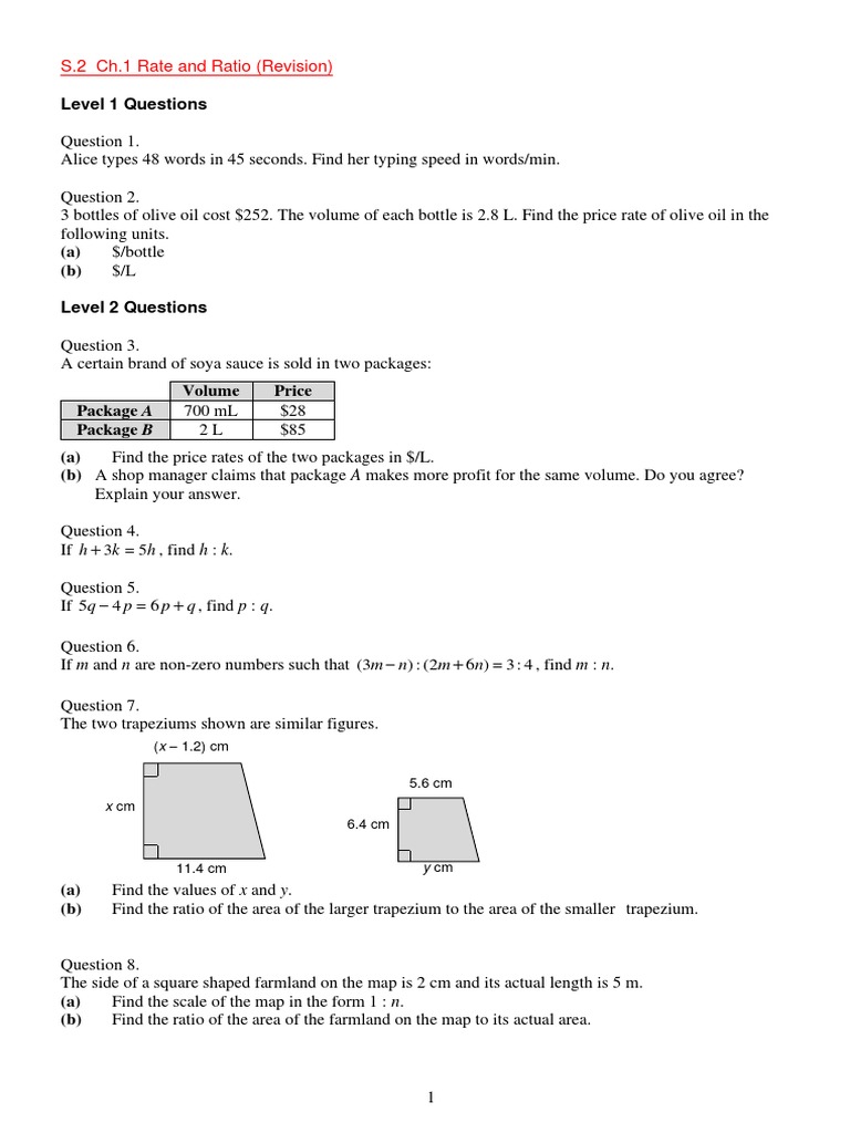Level 1 Questions: S.2 Ch.1 Rate and Ratio (Revision) | PDF