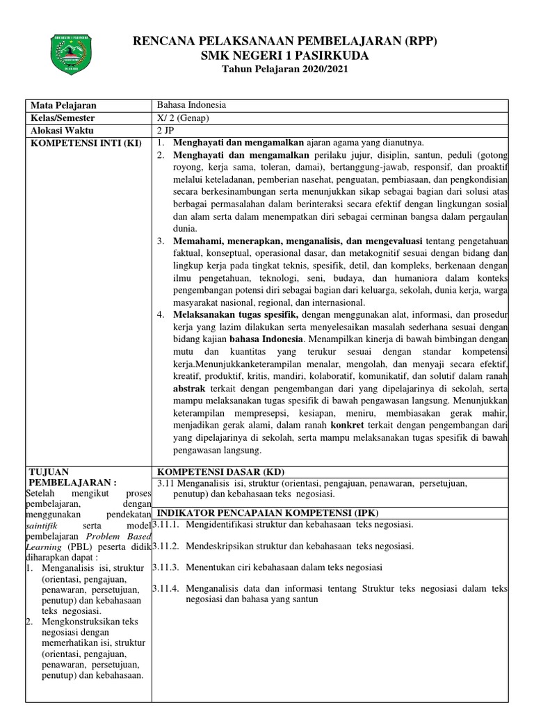 Rencana Pelaksanaan Pembelajaran (RPP) SMK Negeri 1 Pasirkuda | PDF