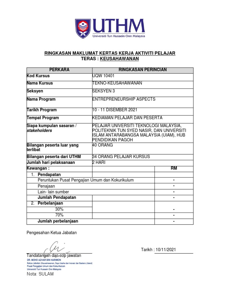 Perancangan Program Keusahawanan Uthm | PDF