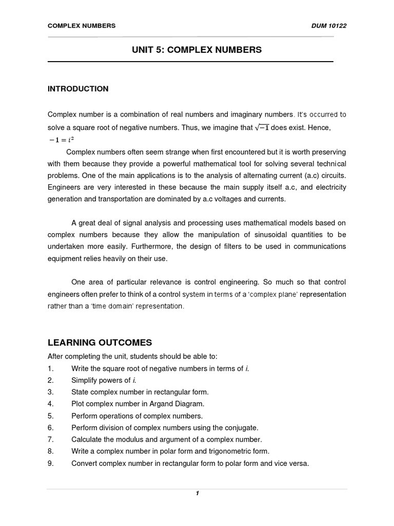 Unit 5 - Complex Number Edited | PDF | Complex Number | Numbers