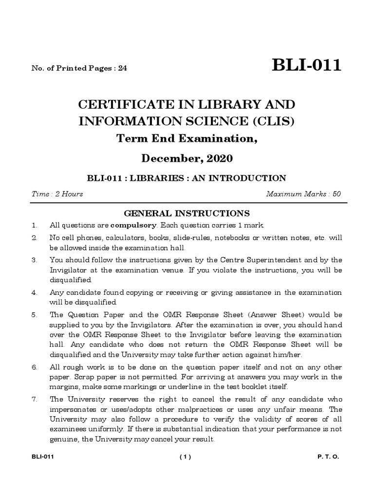 Certificate in Library and Information Science (Clis) : Term End ...