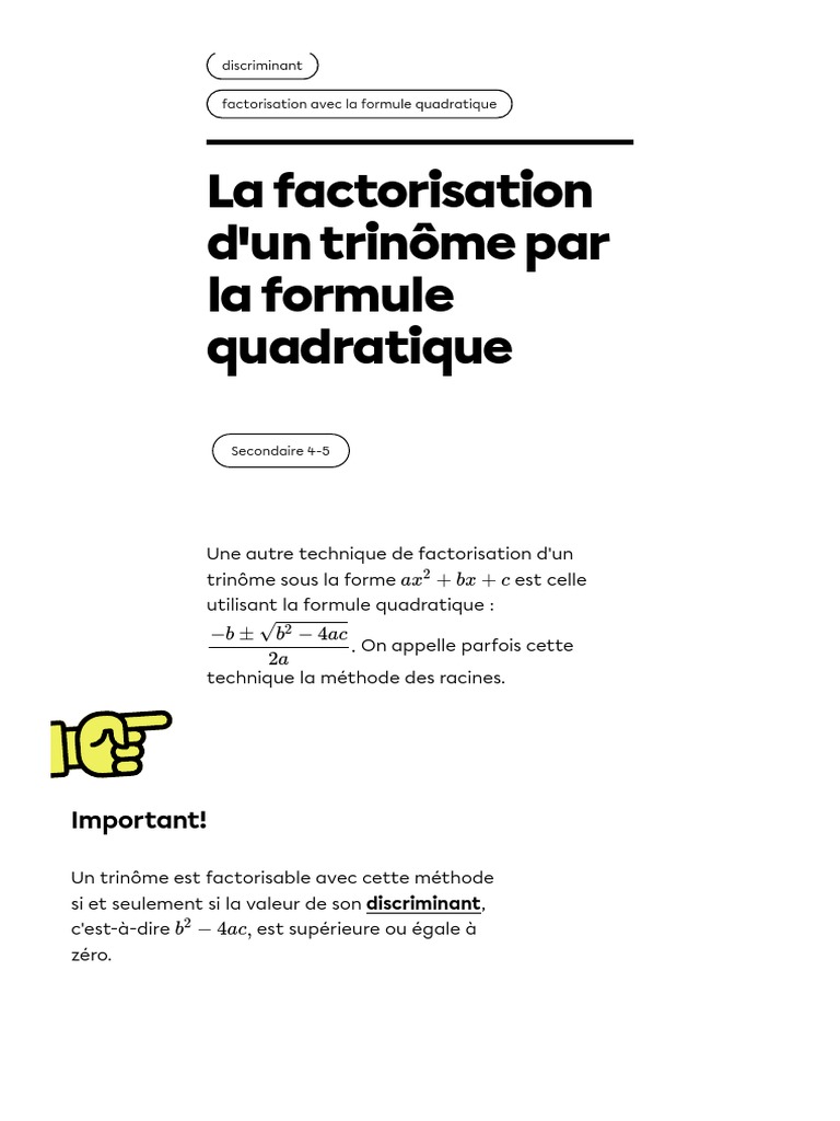 La Factorisation D'un Trinôme Par La Formule Quadratique - Secondaire ...