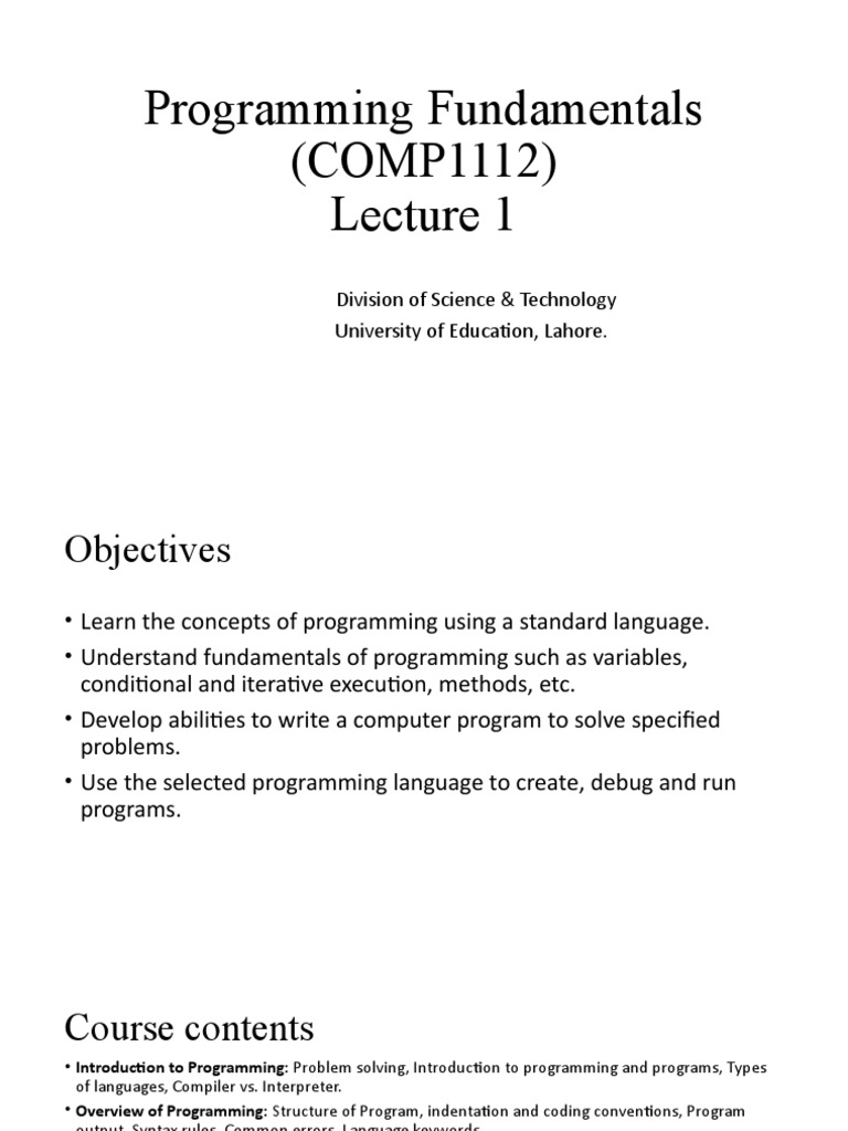 Programming Fundamentals (COMP1112) : Division of Science & Technology ...