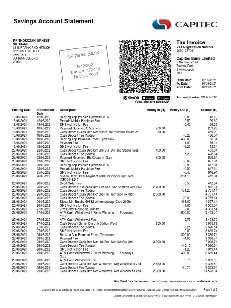 Savings Account Statement: Capitec B Ank | PDF | Payments | Stored Value Card