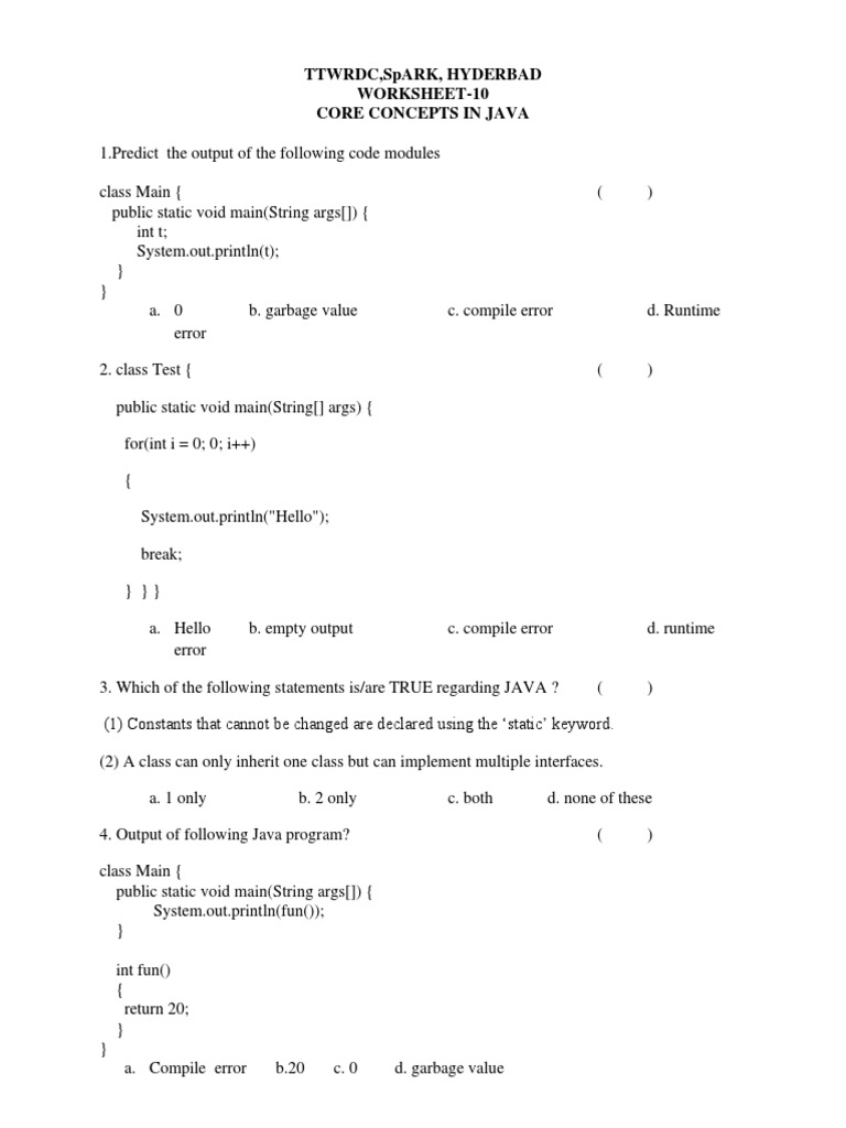 Java MCQ Worksheet-10 MCQ | PDF | C (Programming Language) | Software