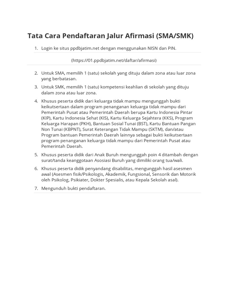 Tata Cara Pendaftaran Jalur Afirmasi | PDF