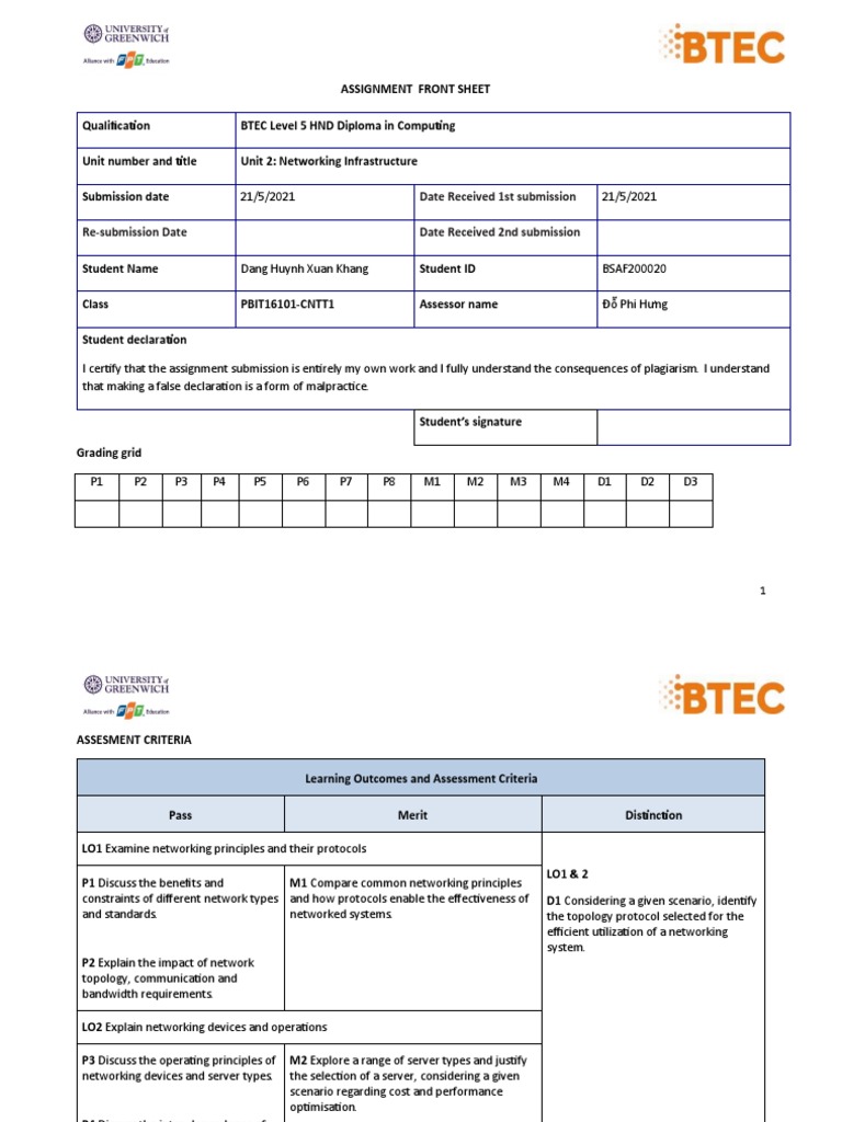 Assignment Front Sheet Qualification BTEC Level 5 HND Diploma in Computing Unit Number and Title ...