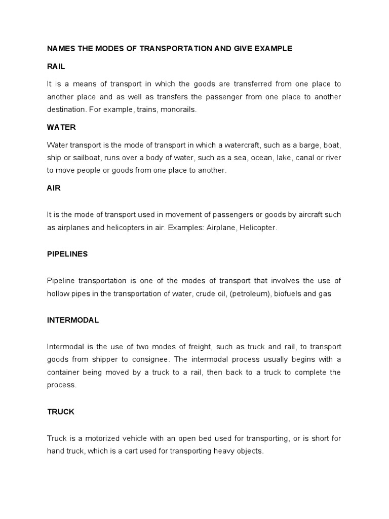 Names The Modes of Transportation and Give Example | PDF
