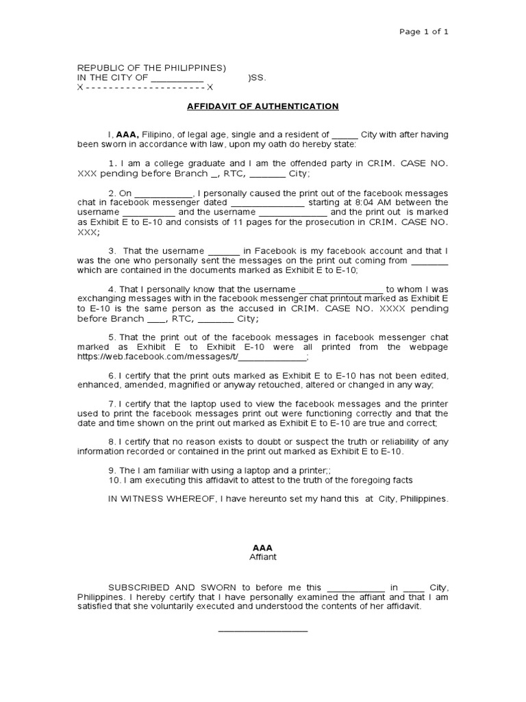 Affidavit of Authentication in Compliance With Rules On Electronic Evidence | PDF | Affidavit ...