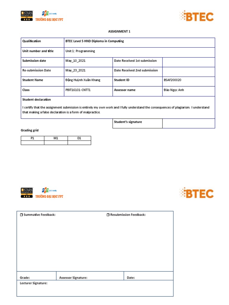 Assignment 1 Qualification BTEC Level 5 HND Diploma in Computing Unit Number and Title ...