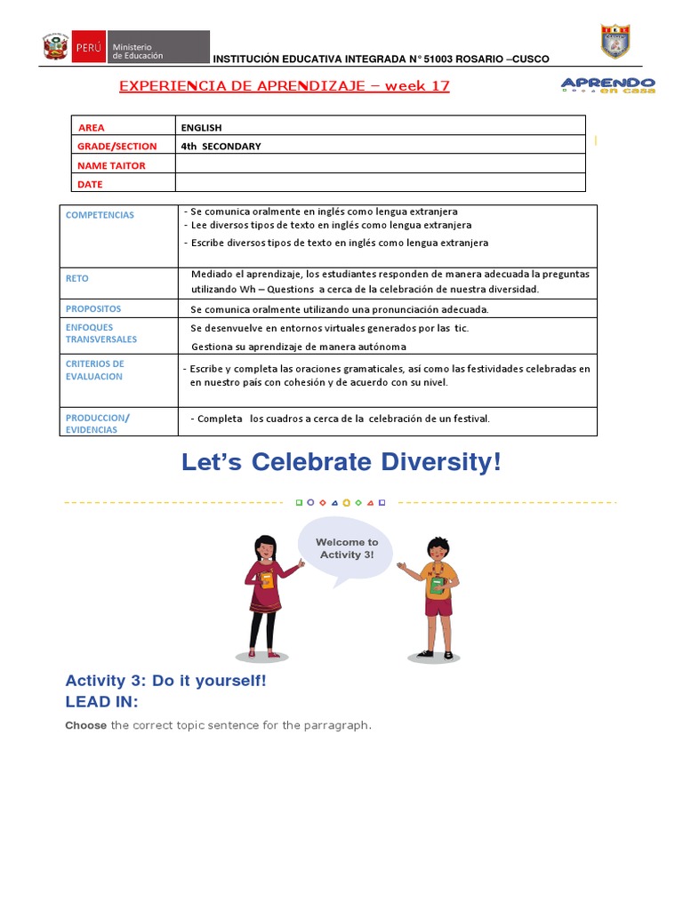 Let's Celebrate Diversity!: Experiencia de Aprendizaje - Week 17 | PDF