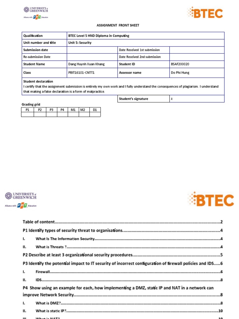 Assignment Front Sheet Qualification BTEC Level 5 HND Diploma in Computing Unit Number and Title ...