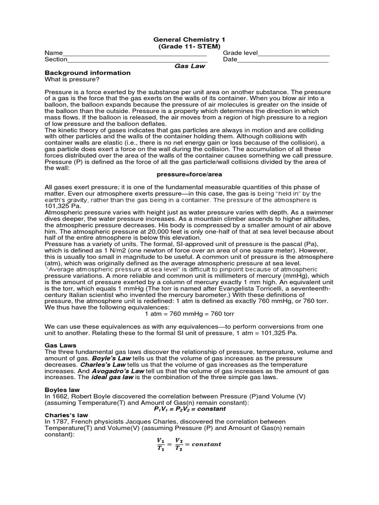 General Chemistry 1 (Grade 11-STEM) : Gas Law | PDF | Gases | Pressure