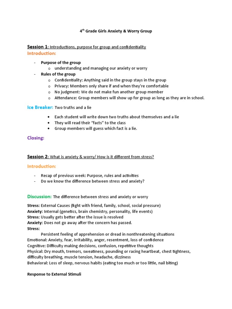 4th Grade Anxiety & Worry Group | PDF | Anxiety | Emotions