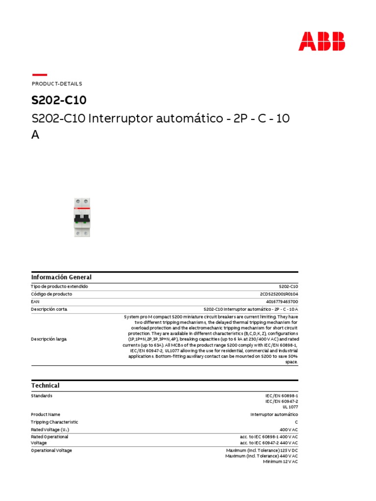 S202-C10 Interruptor Automático - 2P - C - 10 A: Product-Details | PDF | Alternating Current ...
