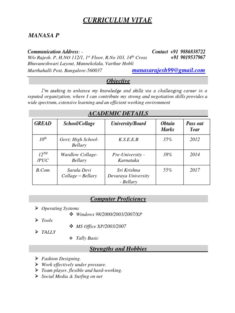 Curriculum Vitae: Manasa P | PDF | Data | Communication Curriculum Vitae: Manasa P | PDF | Data | Communication