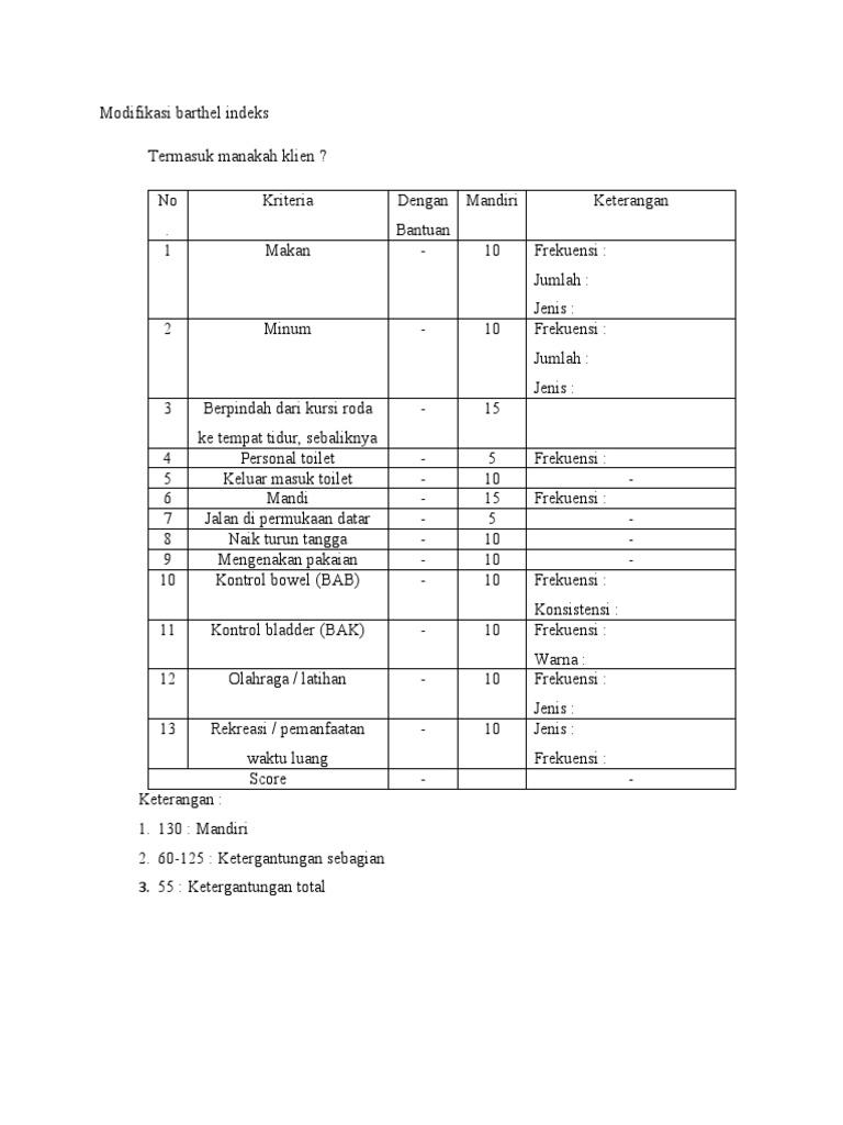 Modifikasi Indeks Barthel untuk Lansia | PDF